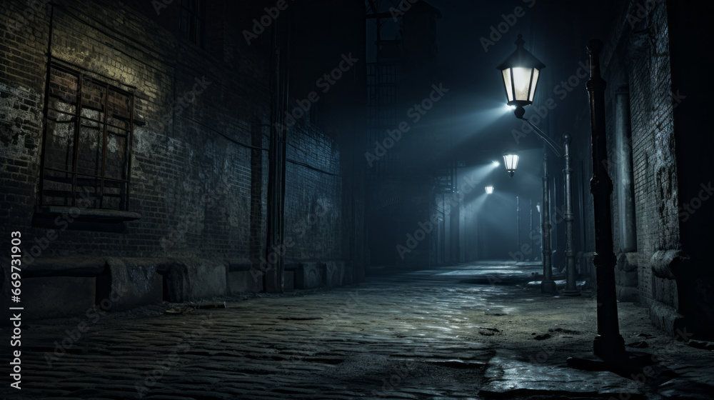 An eerie, dark alleyway with a single lamp and a strange, eerie feeling ...