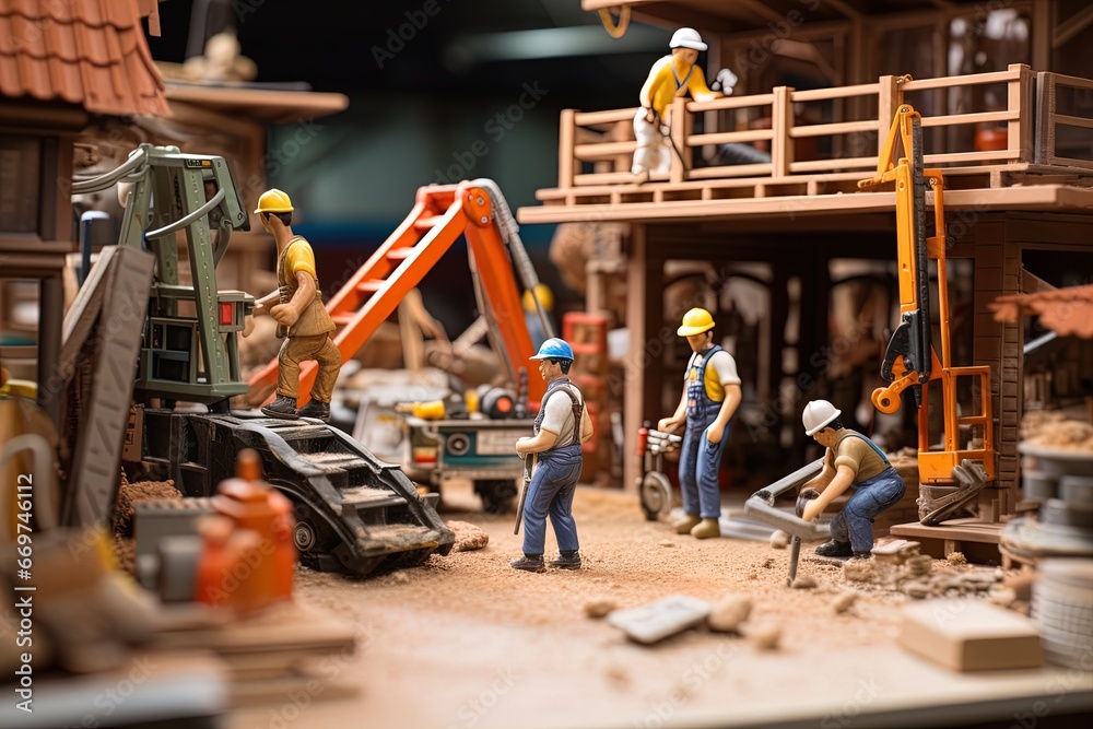 Explore a hyperreal world as toy workers craft in a matte background ...