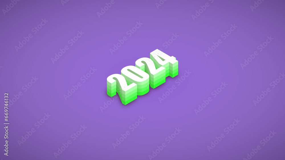 3D 2024 number stacked Green color layers and vignette Purple ...