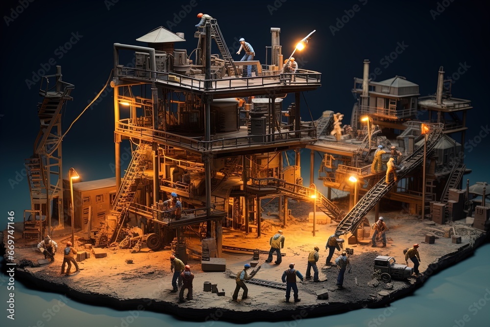 Explore a hyperreal world as toy workers craft in a matte background ...