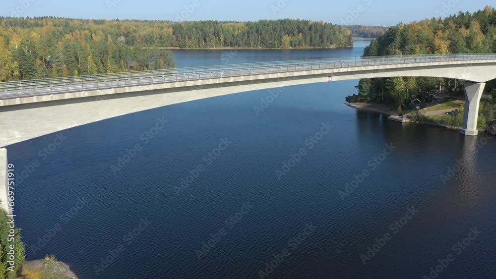 Landscape view of the Lake Saimaa with the long bridge in Finland ...