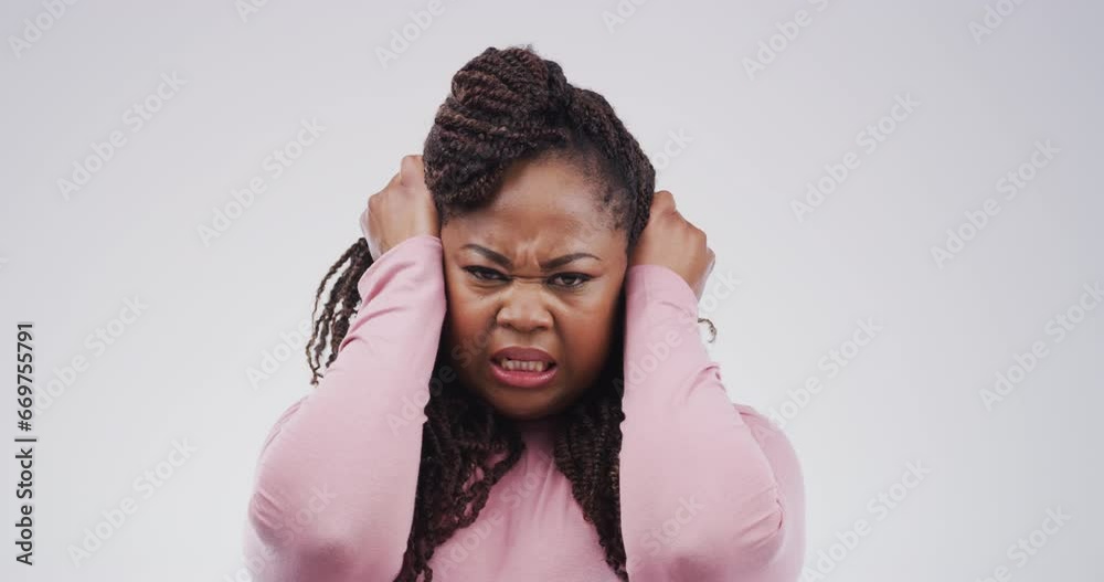 Angry, stress and face of black woman on a white background with upset ...