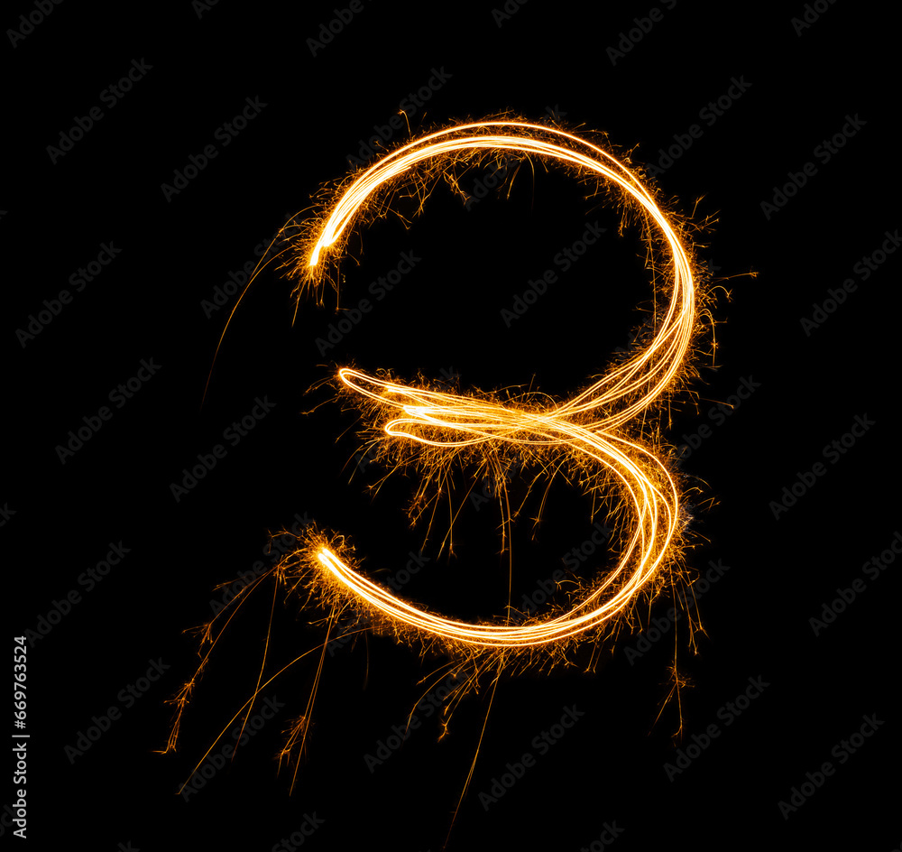 Fireworks numbers 3 Burning sparkler Numbers isolated on black ...