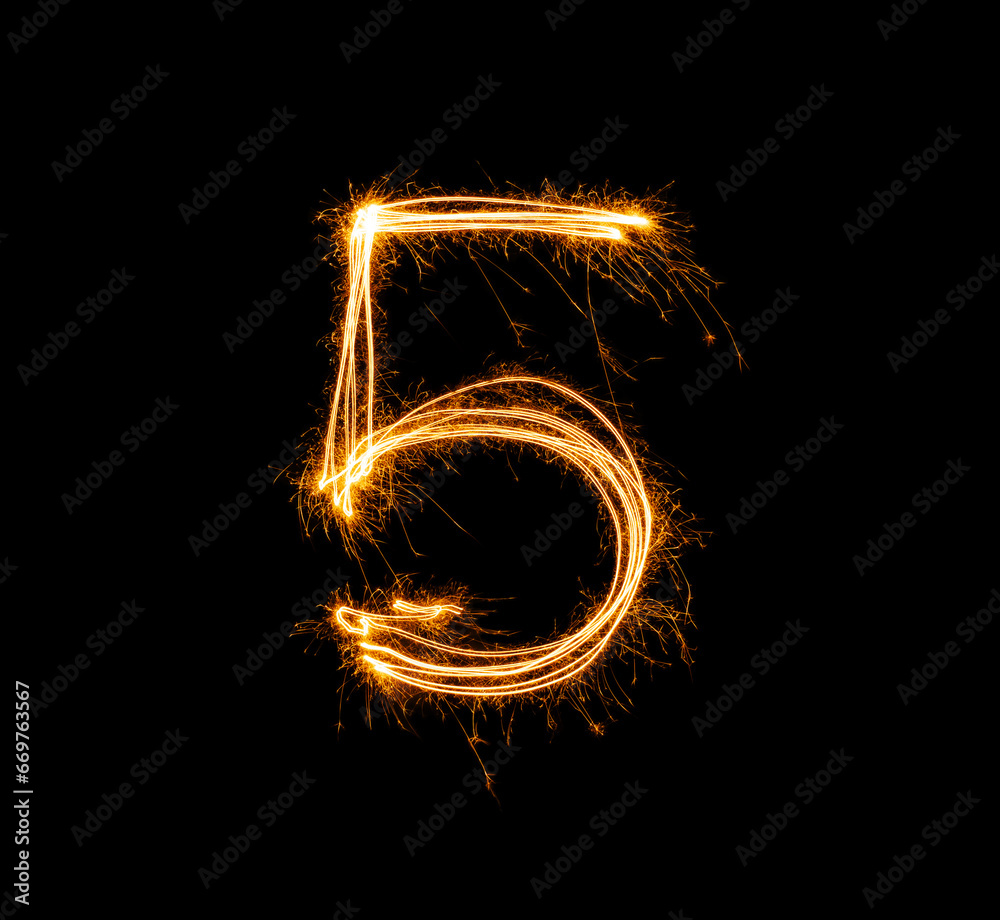 Fireworks numbers 5 Burning sparkler Numbers isolated on black ...