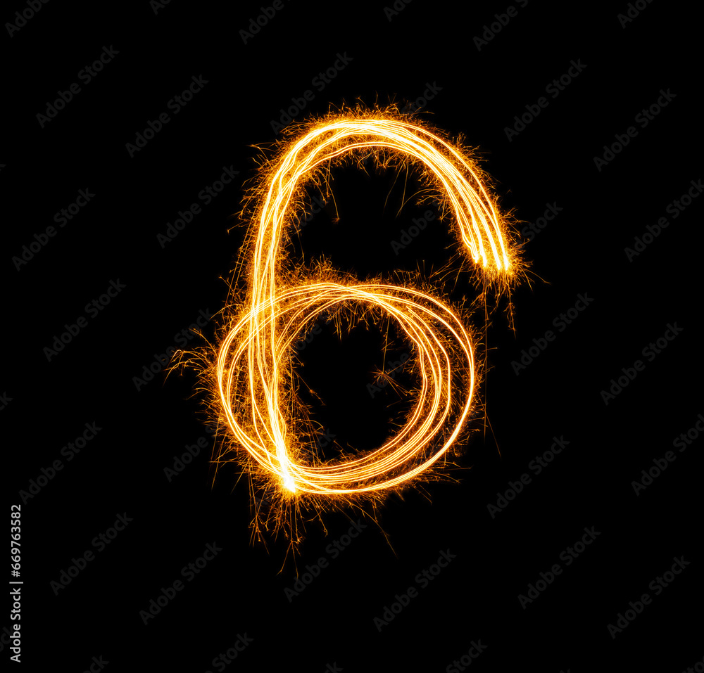 Fireworks numbers 6 Burning sparkler Numbers isolated on black ...