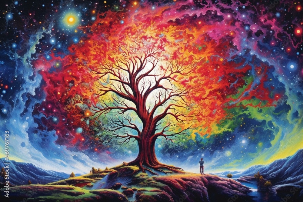 Colorful painting depicting a tree, moon, psychedelic smoke, nebula ...