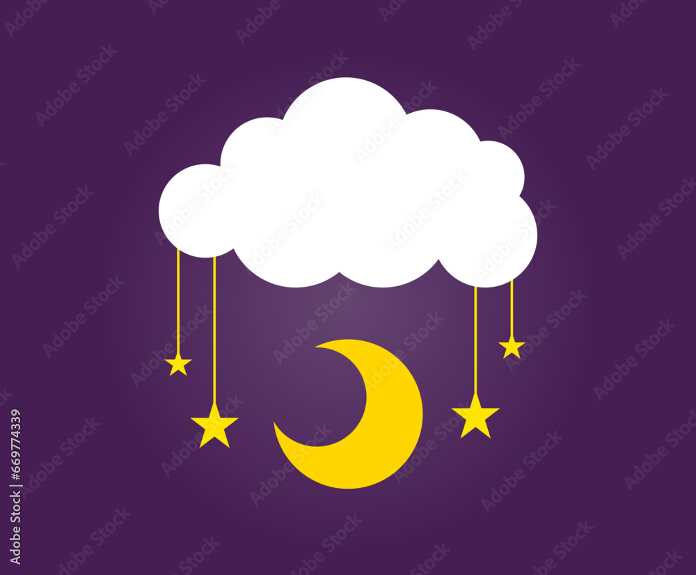 Cute cartoon illustration of clouds, stars and moon in the night sky ...