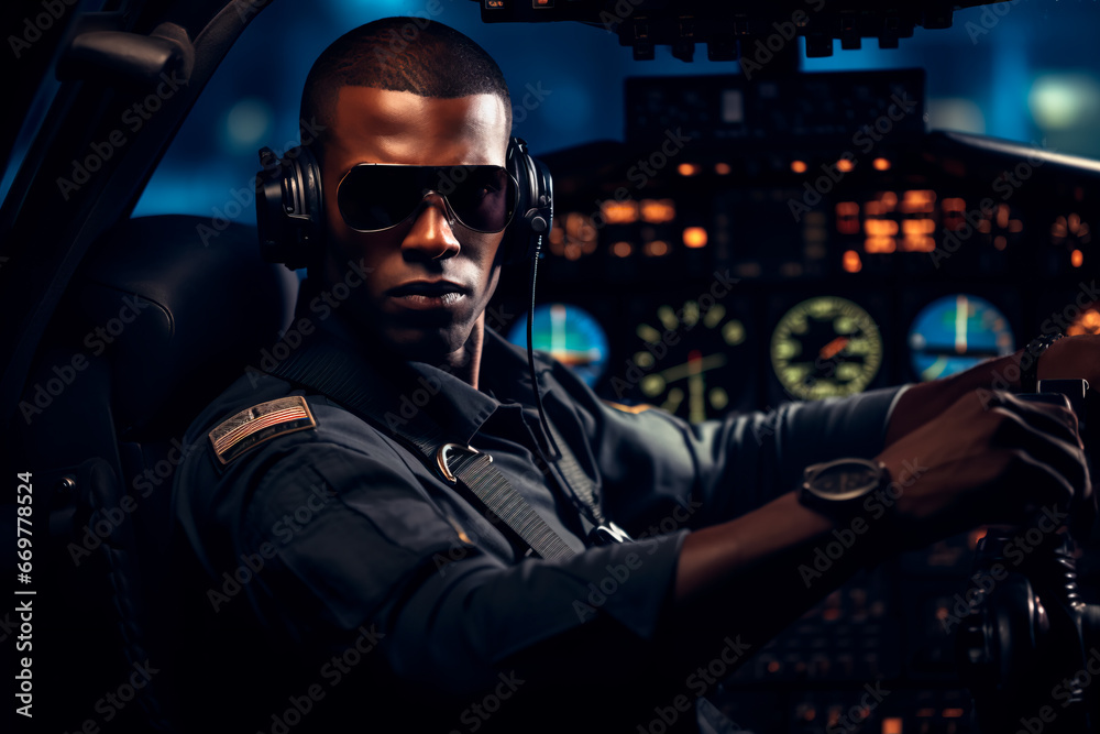 Portrait of an African pilot in an airplane in the cockpit. A pilot at ...