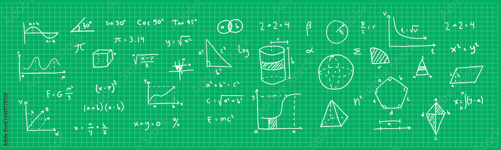 Hand drawn sketch math note. Math symbols doodle notebook page ...