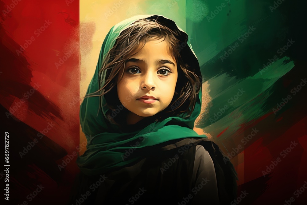 Palestinian girl, profile portrait with Palestinian flag. AI generative ...