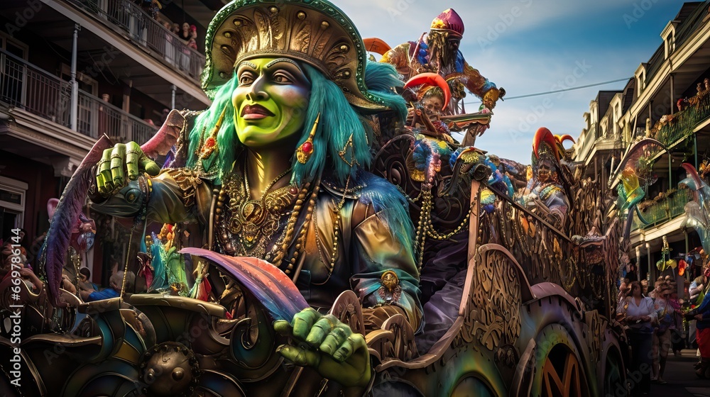 An anthropomorphic demon-like creature parades through a carnival ...