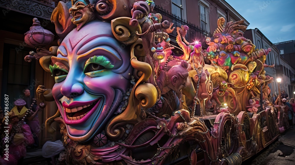 An anthropomorphic demon-like creature parades through a carnival ...