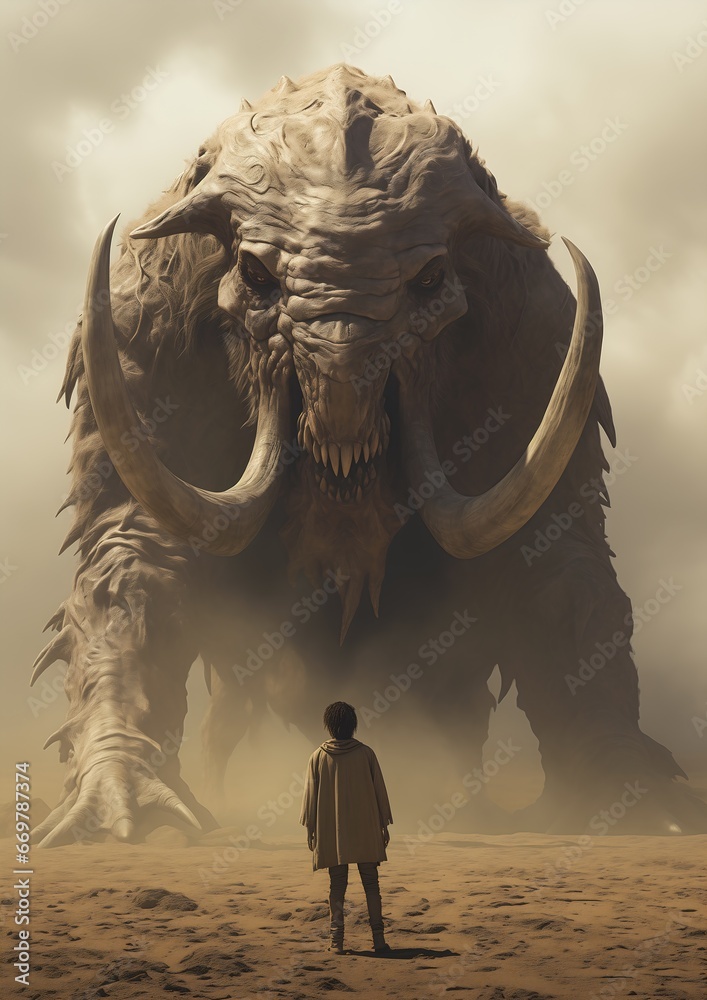 man standing front giant animal still entertainment dune princess tan ...