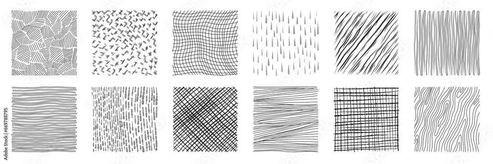 Set of hand drawn pencil line texture. Crosshatch, wood, rain ...