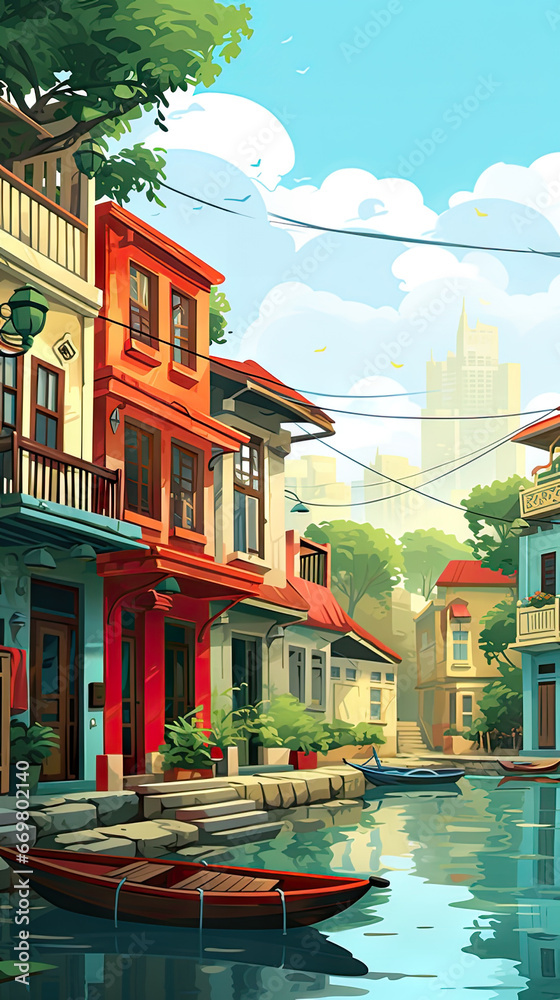 Old Asian city street in cartoon style. Chinatown cartoon landscape ...