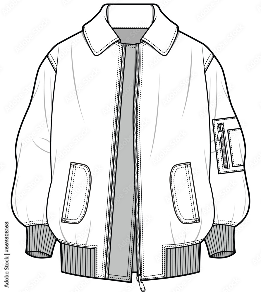 oversized bomber jacket flat sketch vector illustration technical cad ...