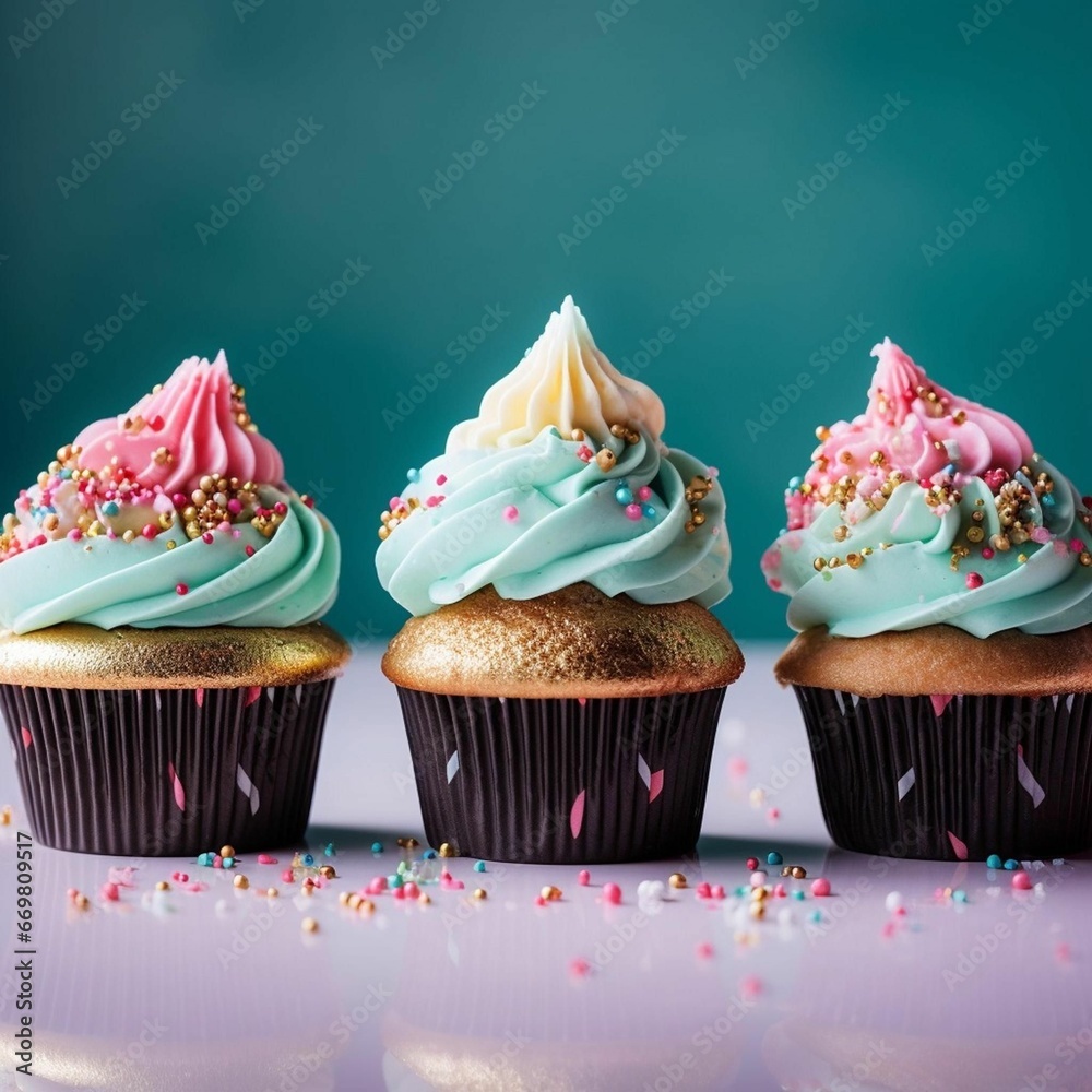 3 red velvet cupcakes with contemporary gold white and black frosting ...