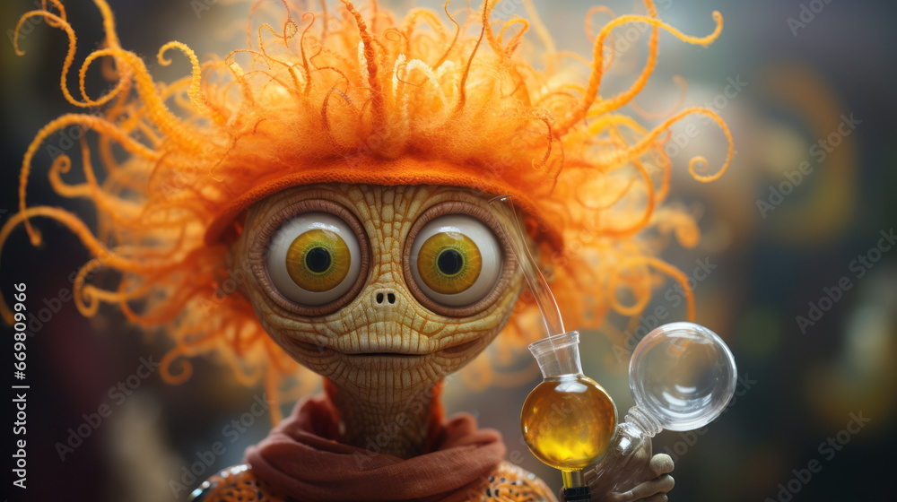 Cartoon movie character, cute funny alien creature with fluffy hair and ...