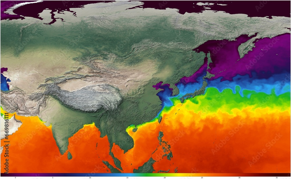 Mapa de Asia, mostrando la temperatura de la superficie del mar en ...