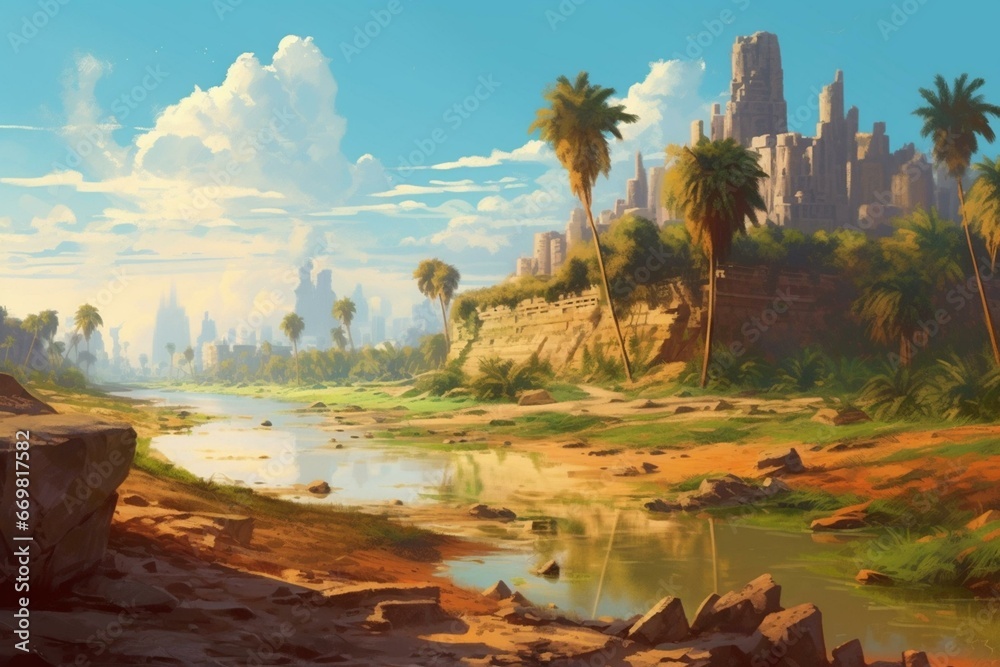 Peaceful landscape of ancient civilization, depicting a serene plain ...