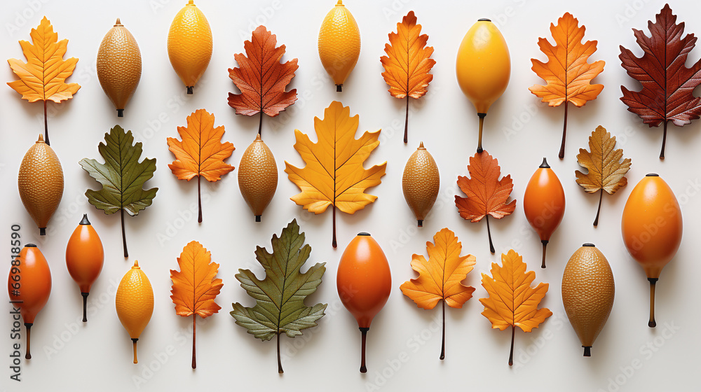Modern version of various autumn leaves and seed pods on a white ...