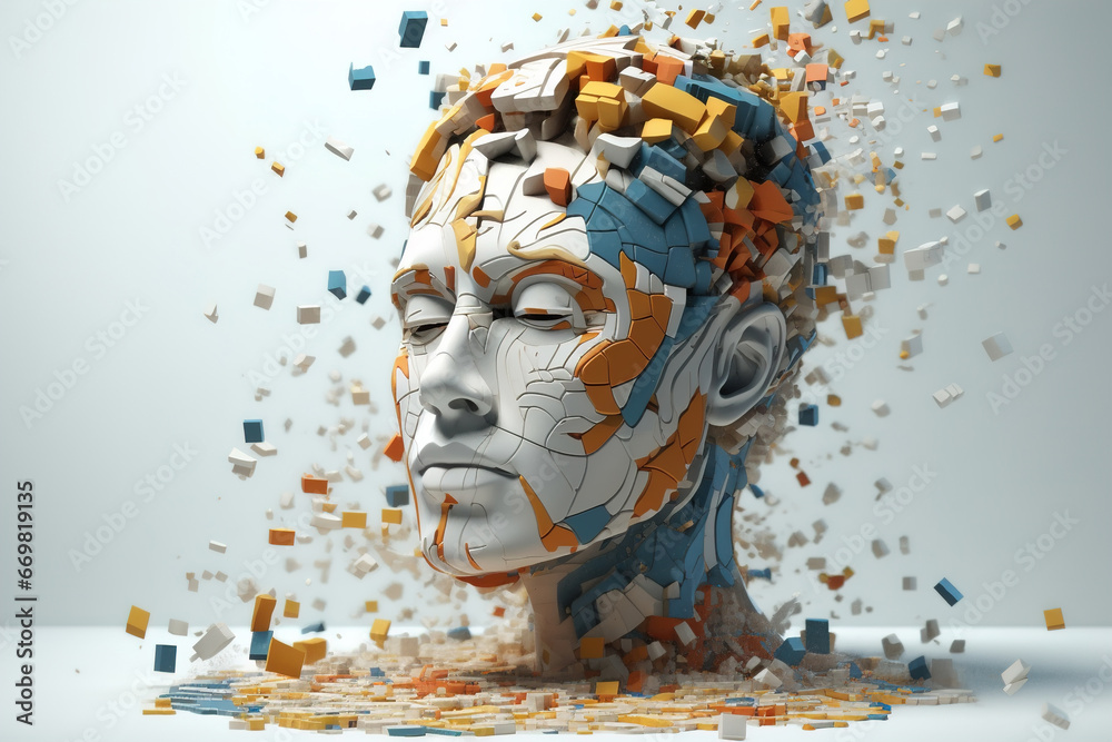 Problems of mind illustration concept. Destroyed model object of a ...