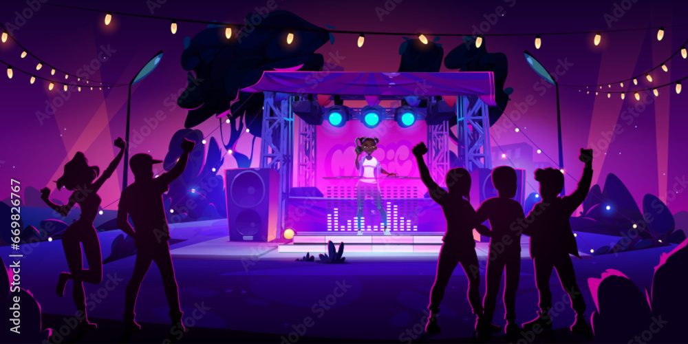 People crowd in night park near music festival stage. Outdoor public ...