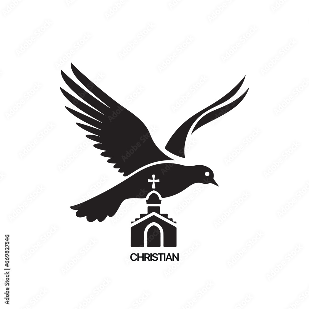 Christian Logo template with dove, pigeon. Black and white christian ...