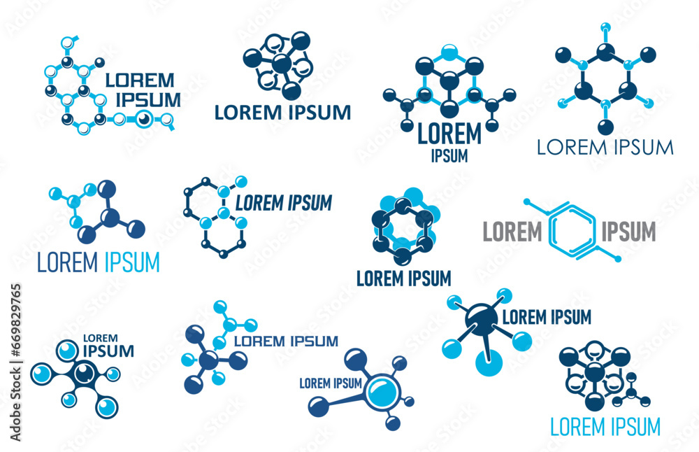 Molecule icons of vector science technology, medicine, chemistry and ...
