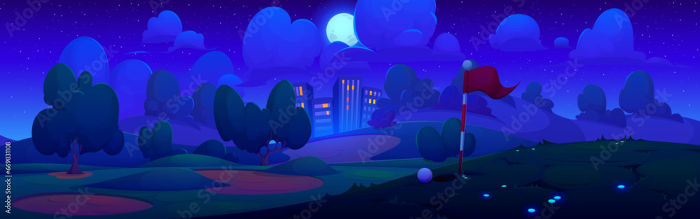 Night grass golf course cartoon background vector. Dark park with field ...