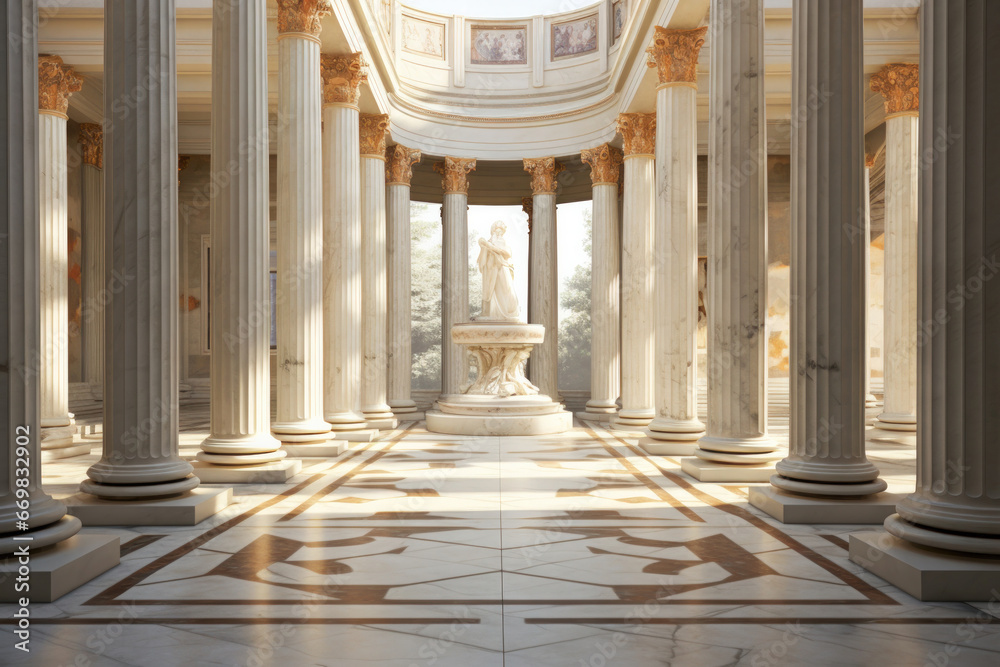 Ancient Greek temple interior with marble columns, statues, and classical art Stock Photo ...