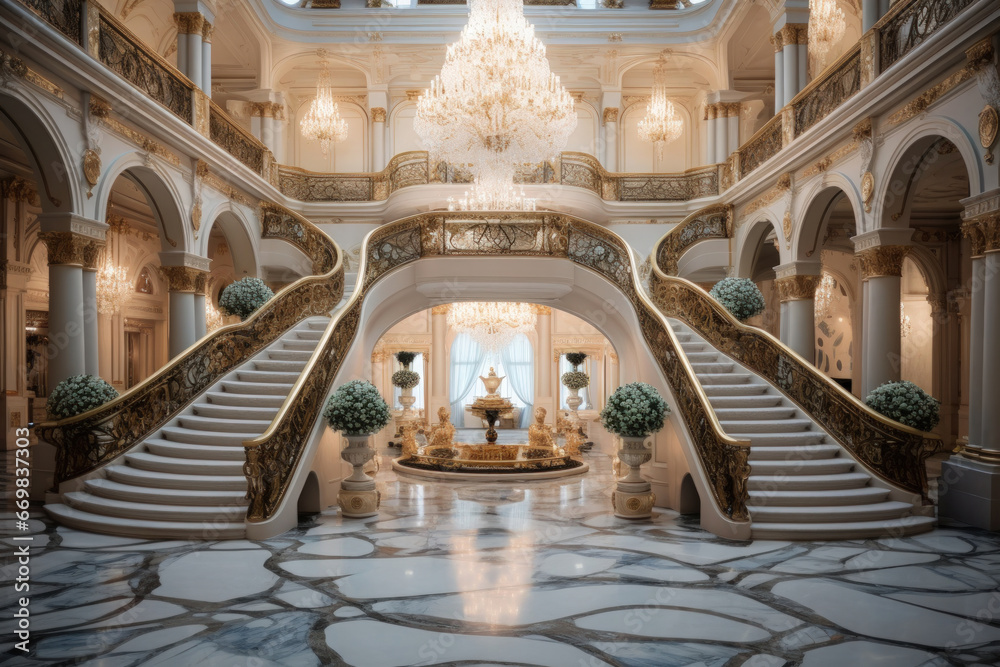 Grand ballroom with a marble floor, a sweeping staircase, and opulent ...