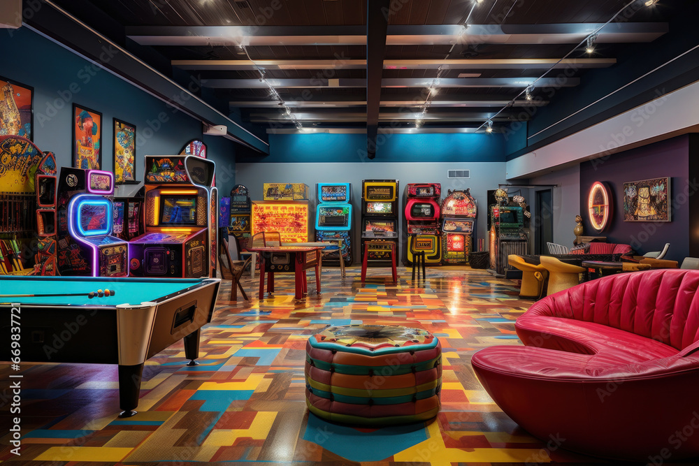 Lively game room with a pool table, arcade games, neon signs, and retro ...