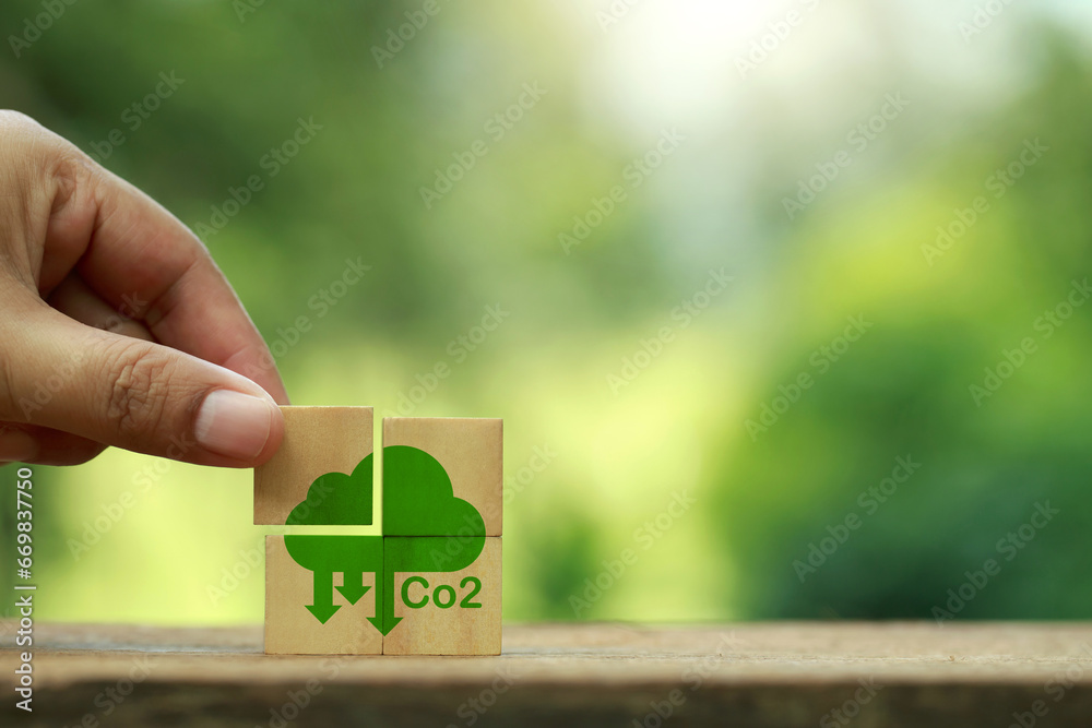 CO2 emission reduction concept.Hand holding wooden cubes with Co2 icon ...