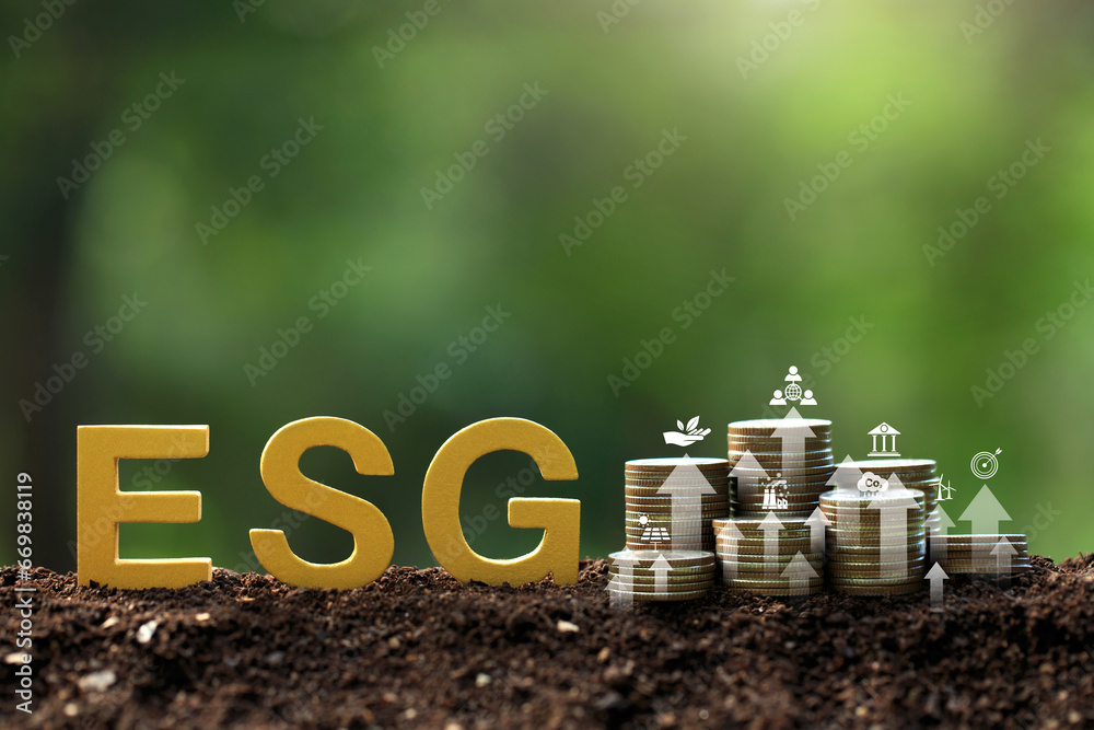 ESG environmental social governance business strategy investing concept.ESG wooden letter and ...