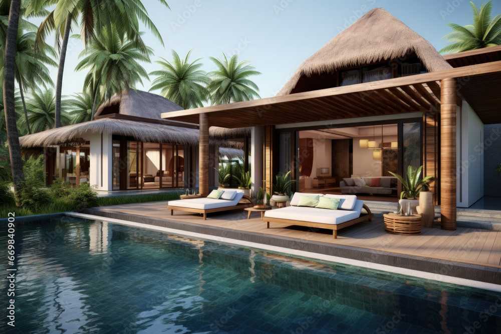 Tropical resort villa with an outdoor terrace, pool, and palm trees ...