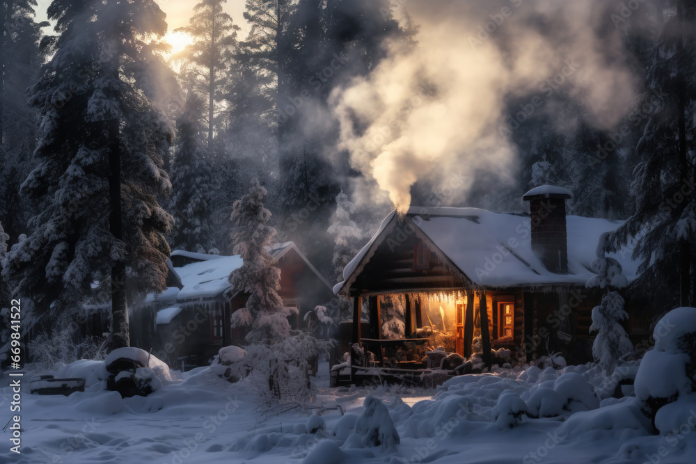 Cozy small hut covered with snow in the winter forest. Lights burn in ...