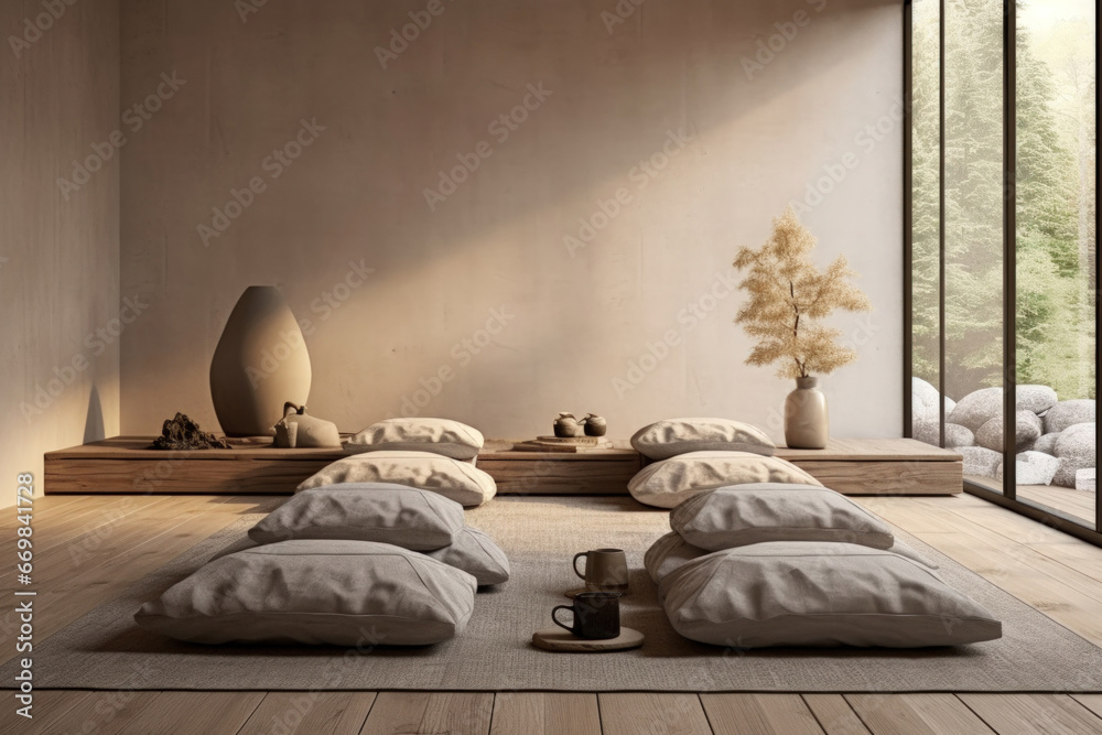 Zen-inspired meditation room with minimalism, floor cushions, and ...