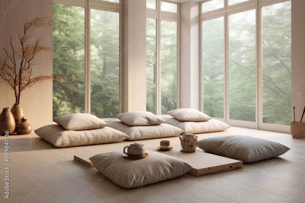 Zen-inspired meditation room with minimalism, floor cushions, and ...