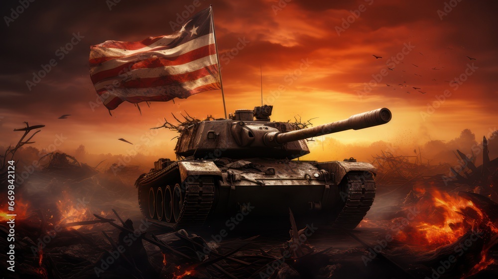 Tank kendaraan lapis baja bertempur di medan perang, menampilkan daya ...