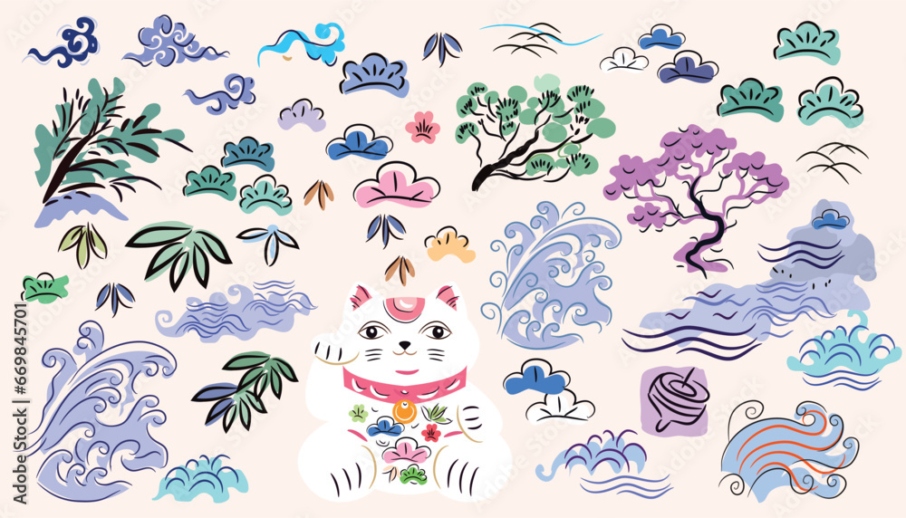 Big set japanese hand drawn icons Bamboo tree, sakura bloom, plum ...