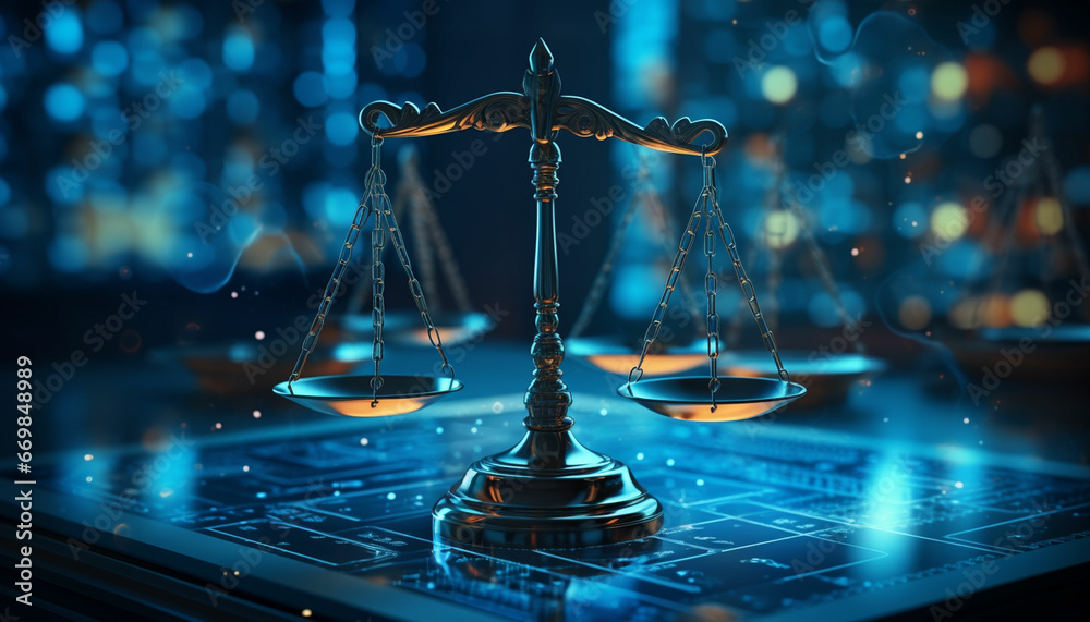 Law scales on background of data center. Digital law concept of duality ...