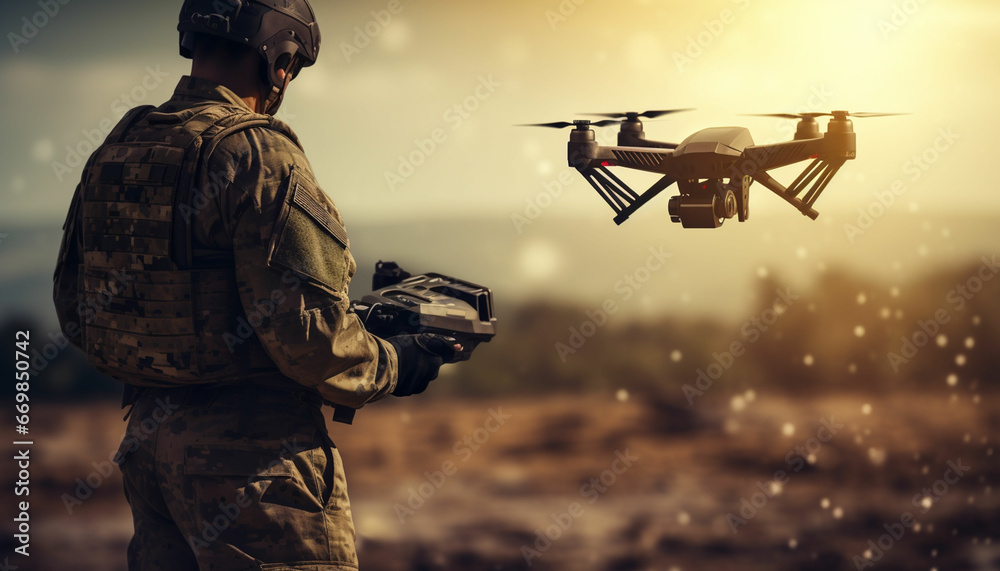 Military soldier controls drone for reconnaissance operation of enemy ...