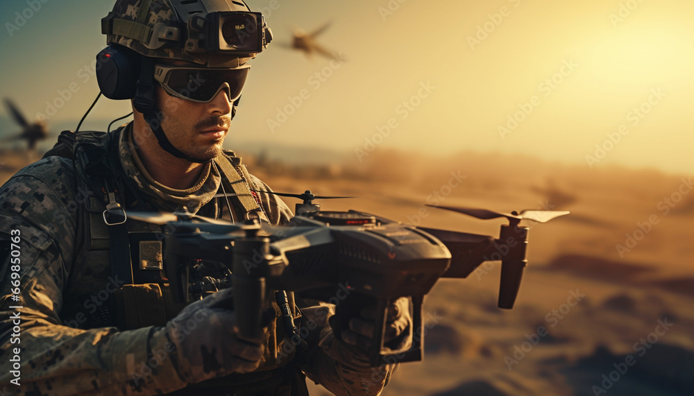 Military soldier controls drone for reconnaissance operation of enemy ...