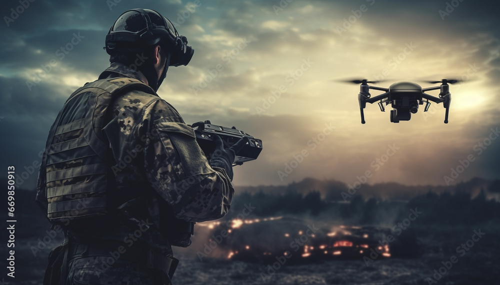 Military soldier controls drone for reconnaissance operation of enemy ...