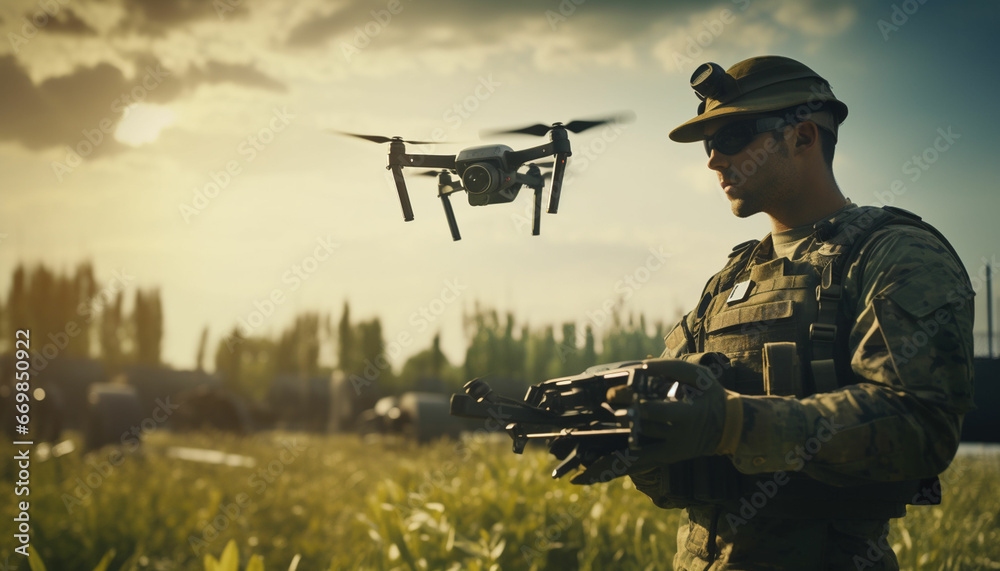 Military soldier controls drone for reconnaissance operation of enemy positions. Concept using ...
