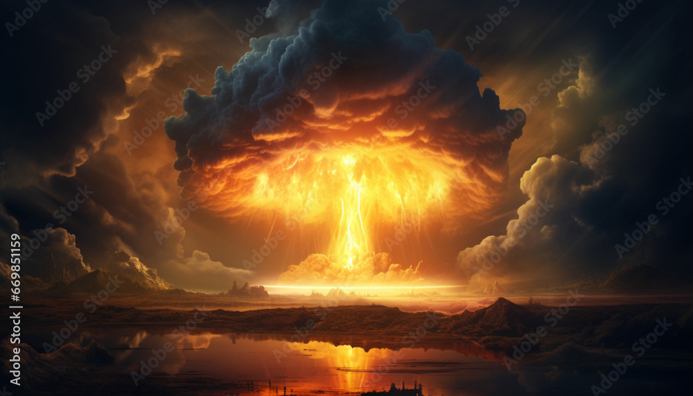 Nuclear explosion day or night. Stormy sky, shock wave against the ...