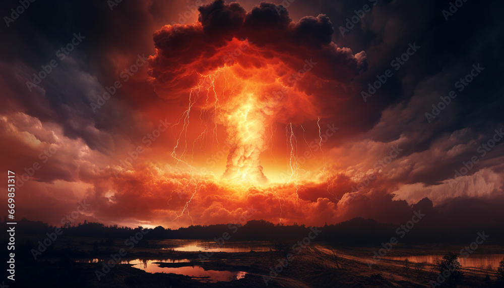 Nuclear explosion day or night. Stormy sky, shock wave against the ...