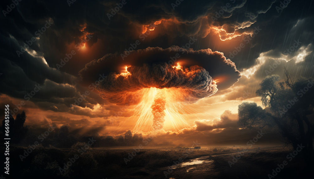 Nuclear explosion day or night. Stormy sky, shock wave against the ...