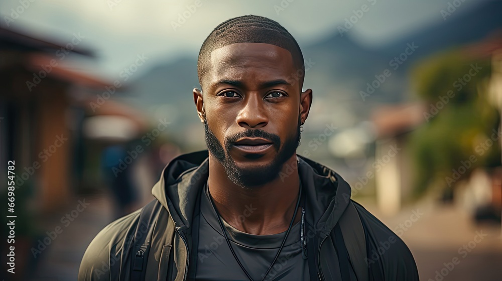 Fit sporty young African man relaxing after workout in urban park on ...